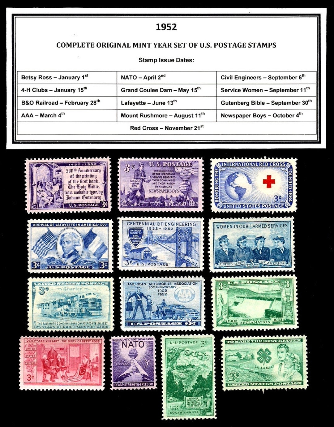 1952 Complete Original Commemorative Year Set of Vintage Unused USPS ...