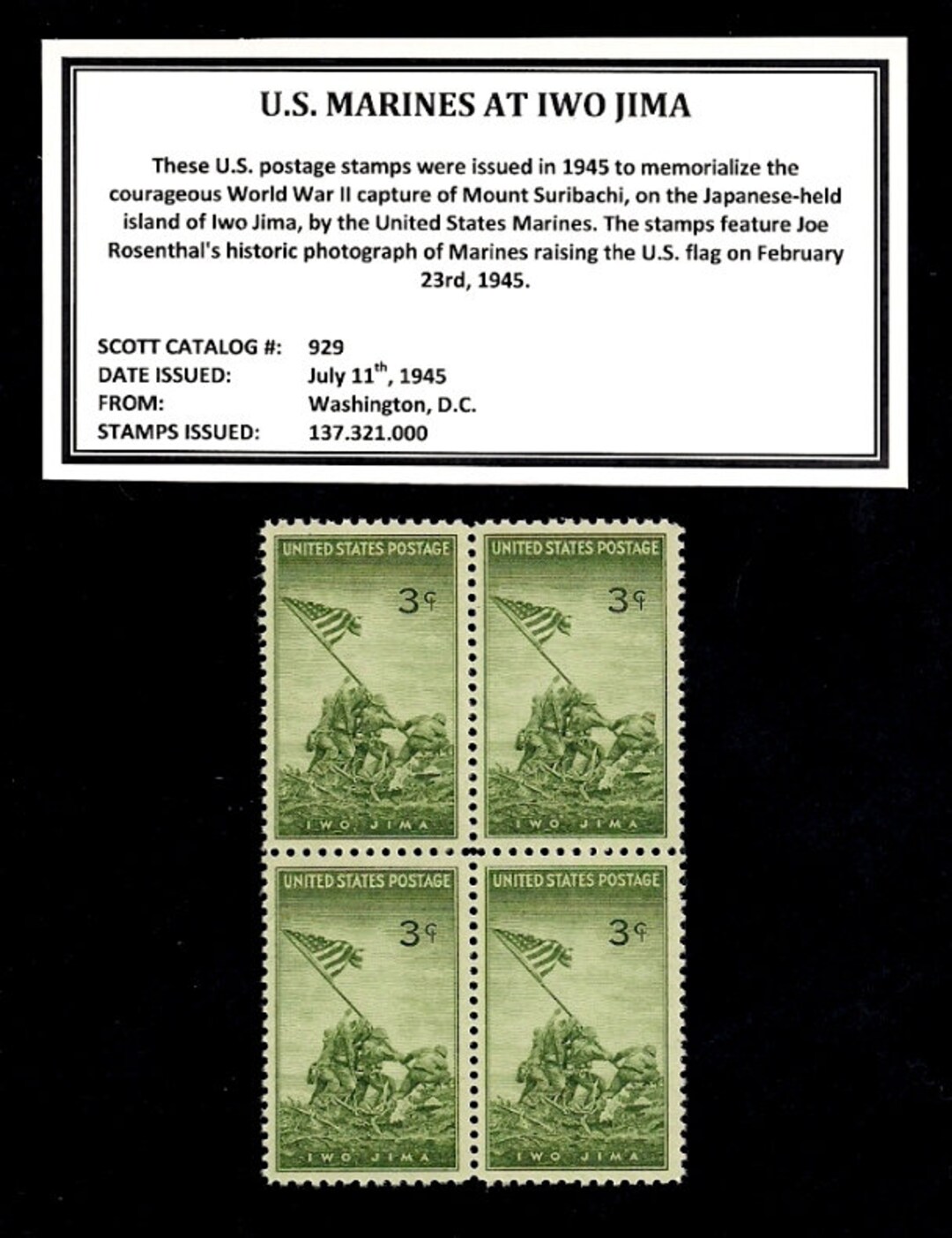 Marines Postage Stamps - Vintage Iwo Jima (issued in 1945) Unused Block ...