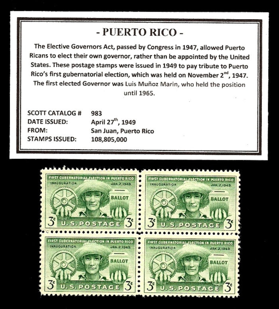 Puerto Rico Election Postage Stamps Vintage issued in 1949 Unused Block ...