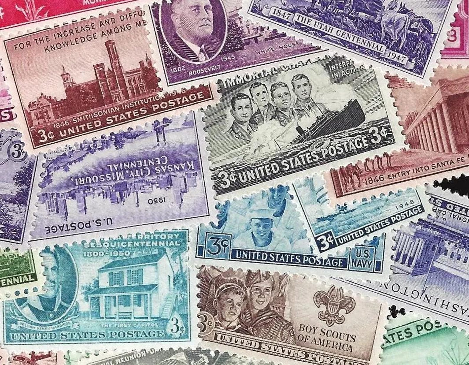 3 Cent Pack of (50) All Different Vintage (issued Between 1945 and 1950 ...