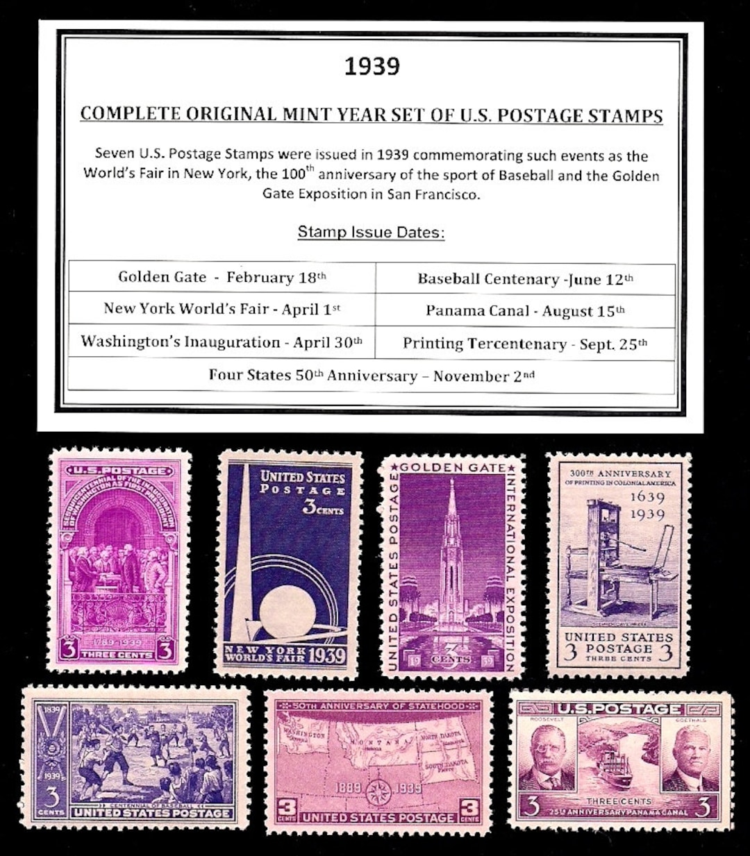 1939 Complete Commemorative Year Set of Vintage Unused Original USPS ...