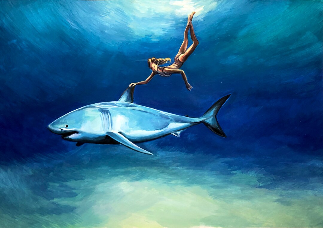 Art Print shark and Girl DINA4 From the Original - Etsy Australia