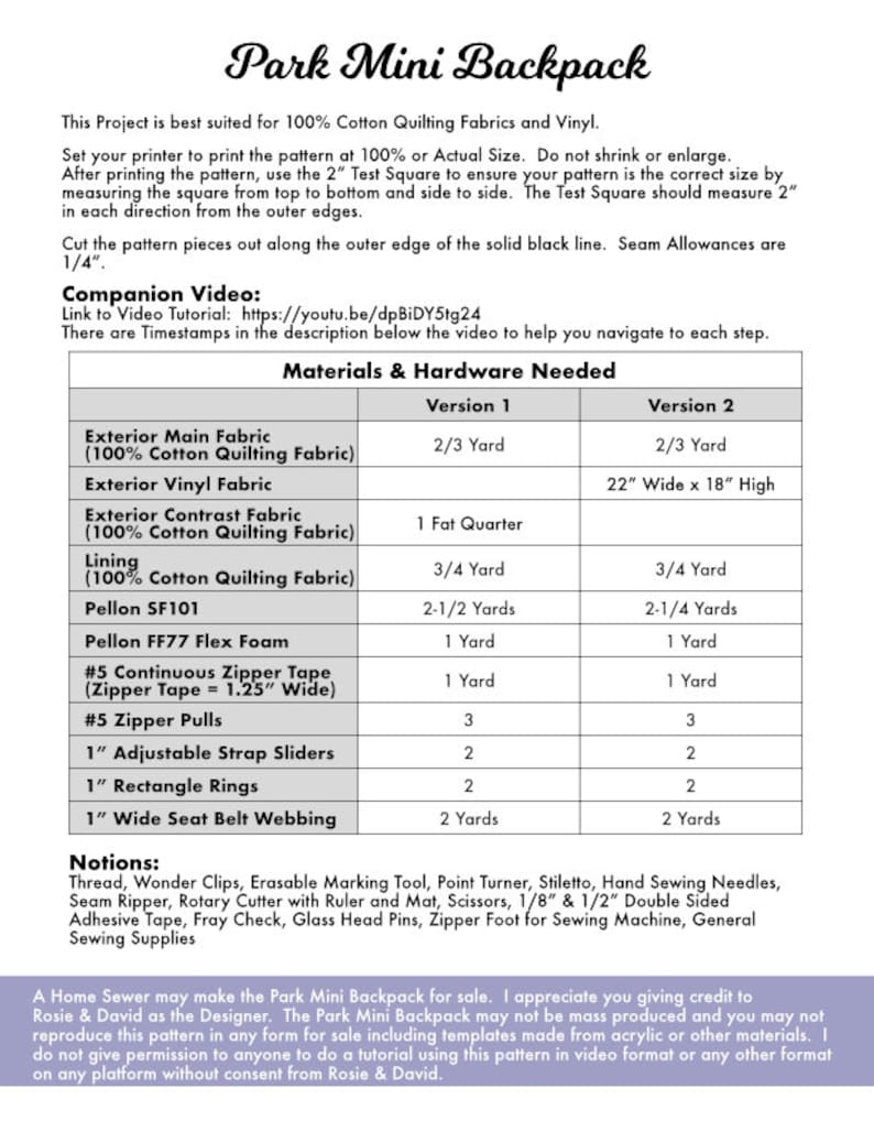 Park Mini Backpack PDF Sewing Pattern Instant Download With - Etsy