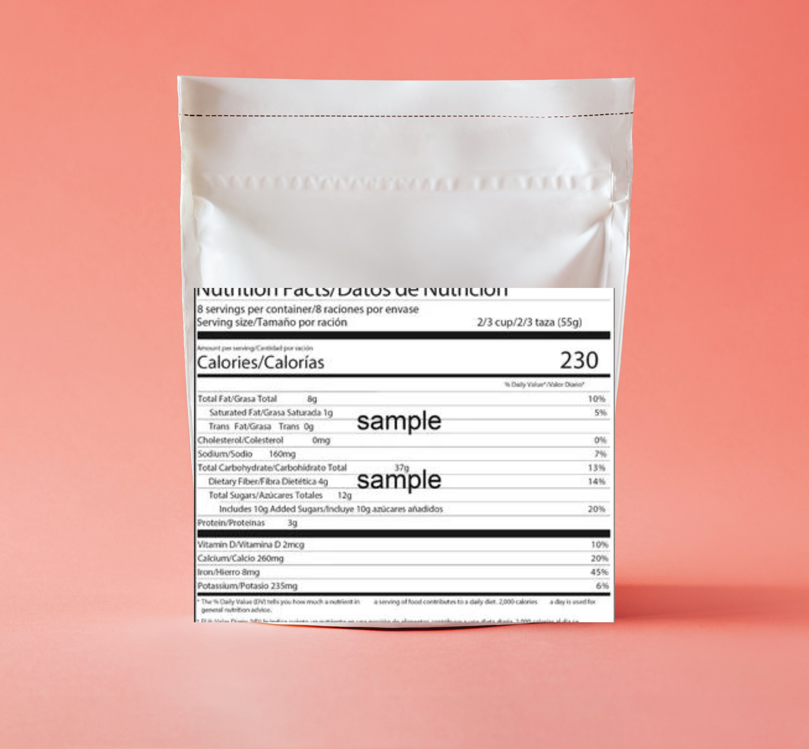 Nutrition Facts Bi-lingual English Spanish Template FDA Standard Format ...