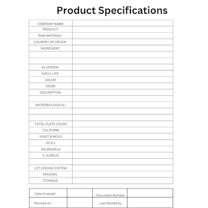 Food Safety Program: Product Specifications Fillable Template - Etsy