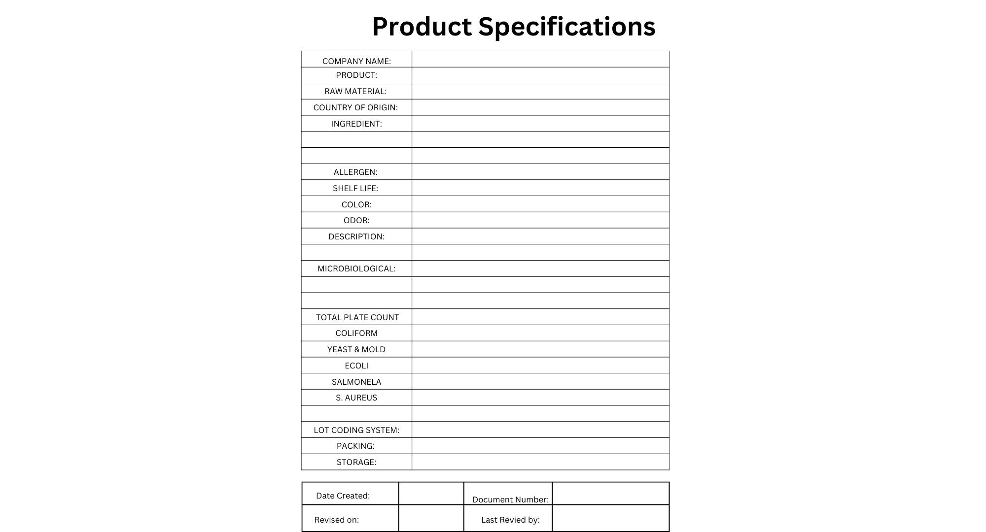 Food Safety Program: Product Specifications Fillable Template - Etsy