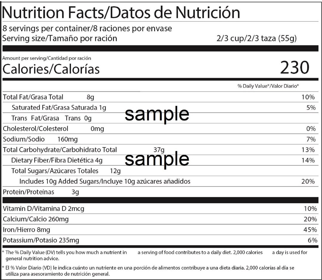 Nutrition Facts Bi-lingual English Spanish Template FDA Standard Format ...