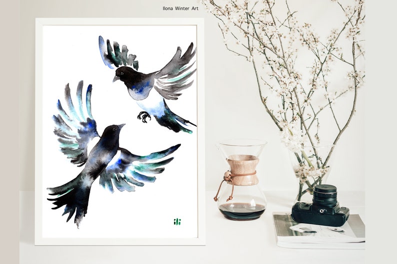 Personalised Two Flying Magpies Watercolour Painting Print "two for Joy ...