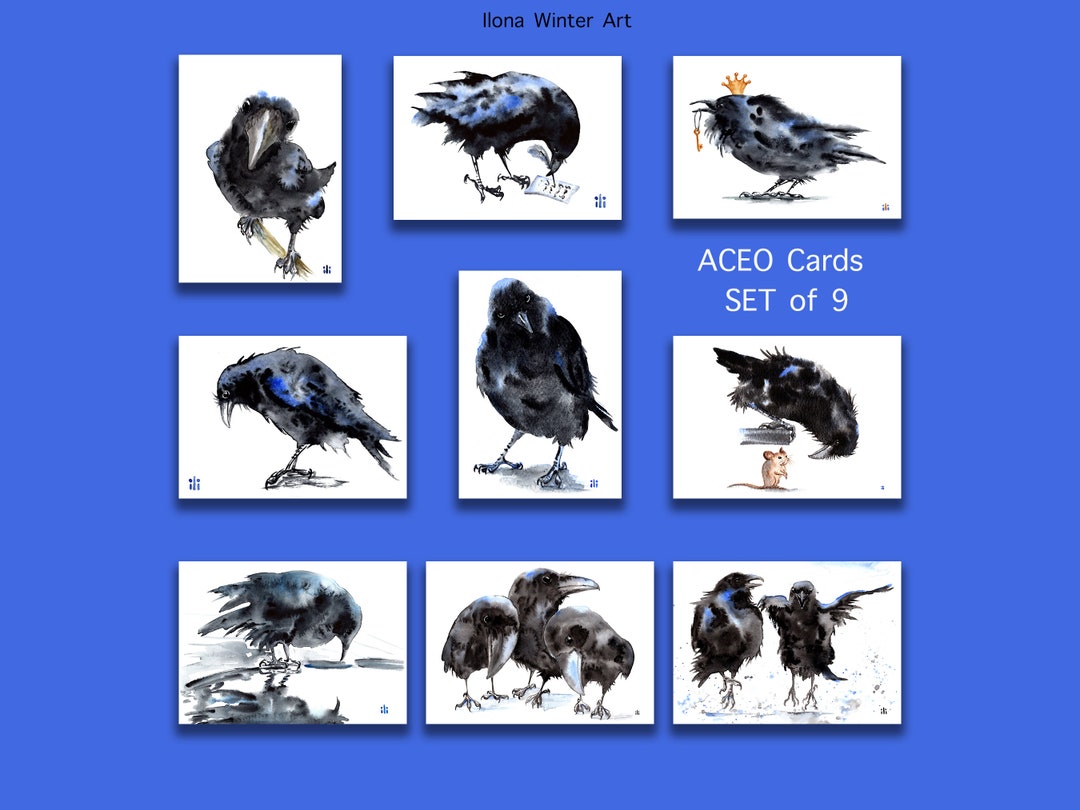 ACEO Cards Set of 9 Watercolor Crow Gift Collection by Ilona Winter - Etsy