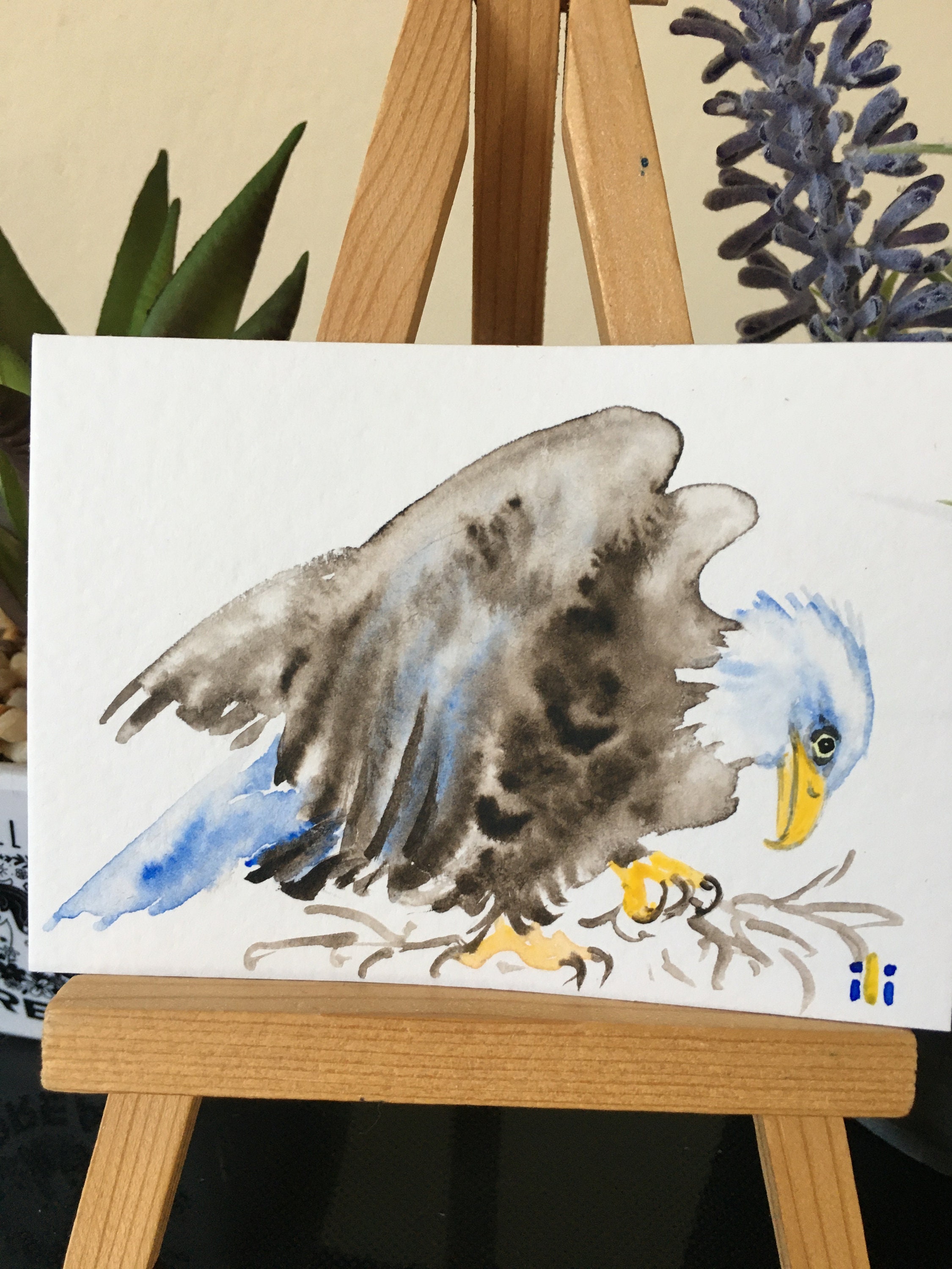 ACEO Miniature Original watercolour painting Bald Eagle bird minimalist ...