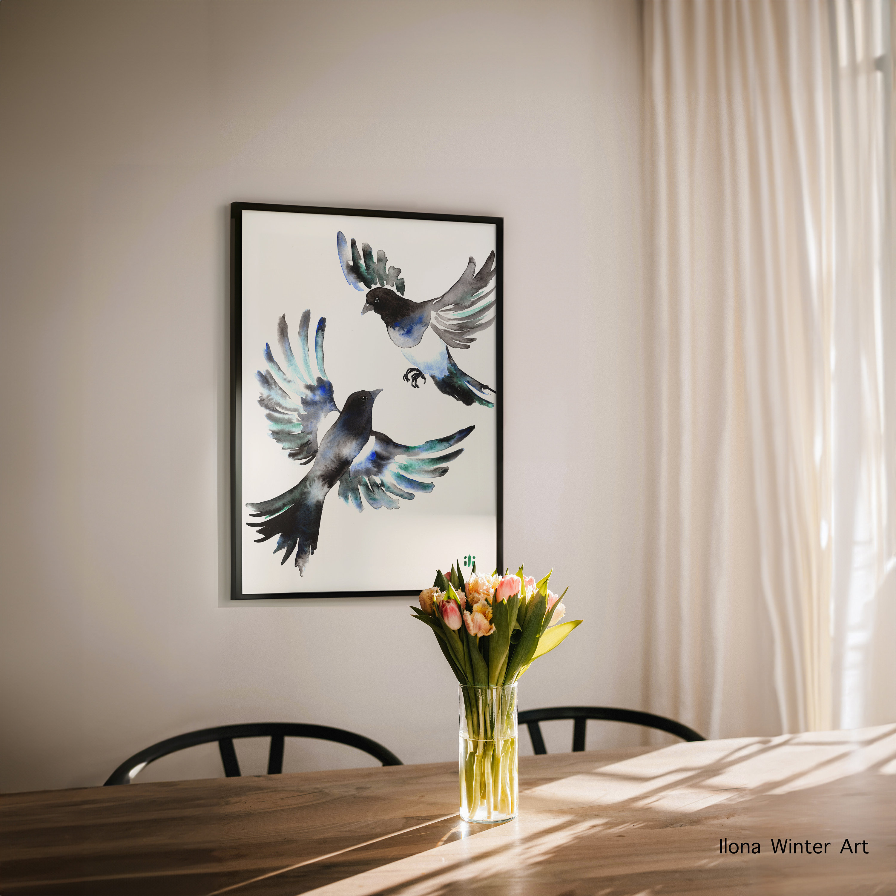 Personalised Two Flying Magpies Watercolour Painting Print "two for Joy ...