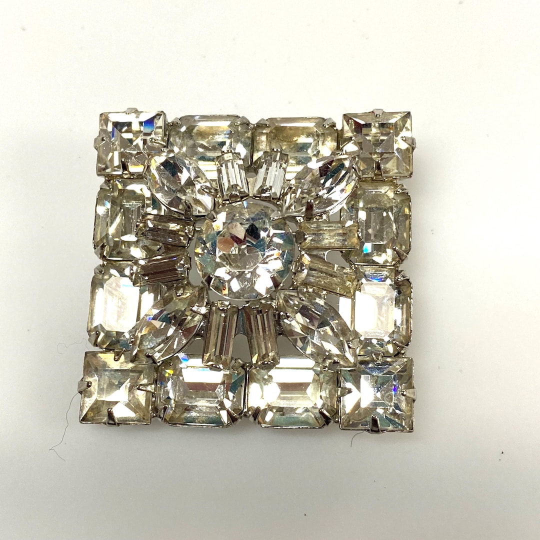 V494 Vintage Weiss Crystal Clear 3-layer Rhinestone Square Brooch Pin ...