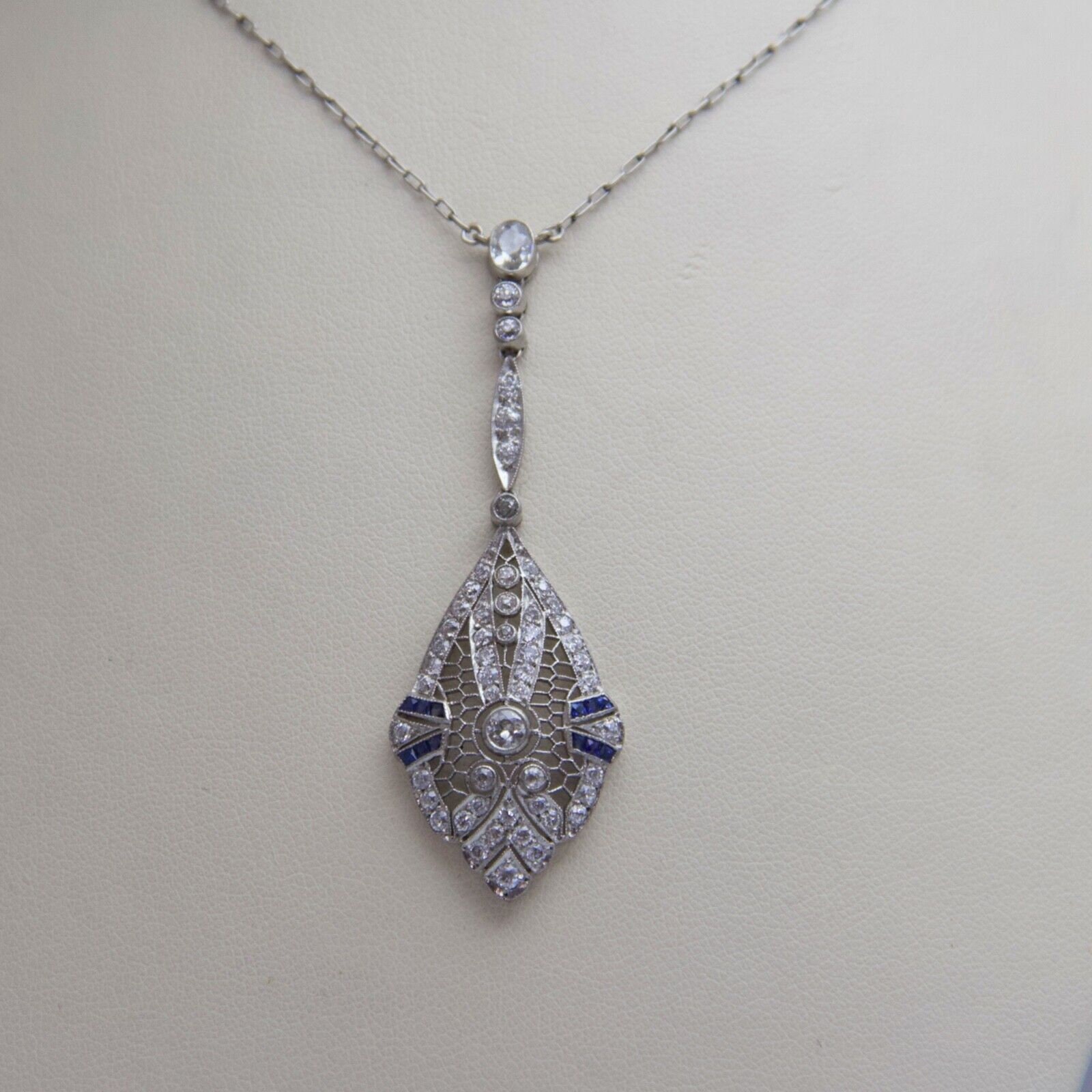 D625 Lovely Platinum Sapphire Diamond Filigree Pendant With 14kt WG ...