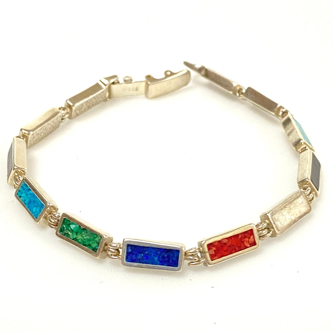 U591 Vintage Sterling Silver 925 Multi-color Stones Link Bracelet 7 ...