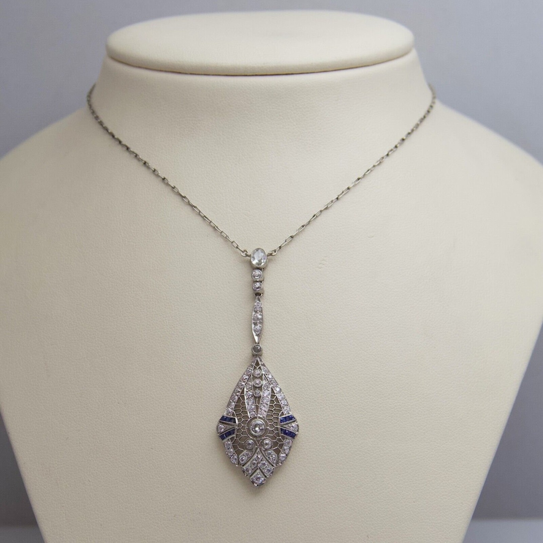 D625 Lovely Platinum Sapphire Diamond Filigree Pendant With 14kt WG ...
