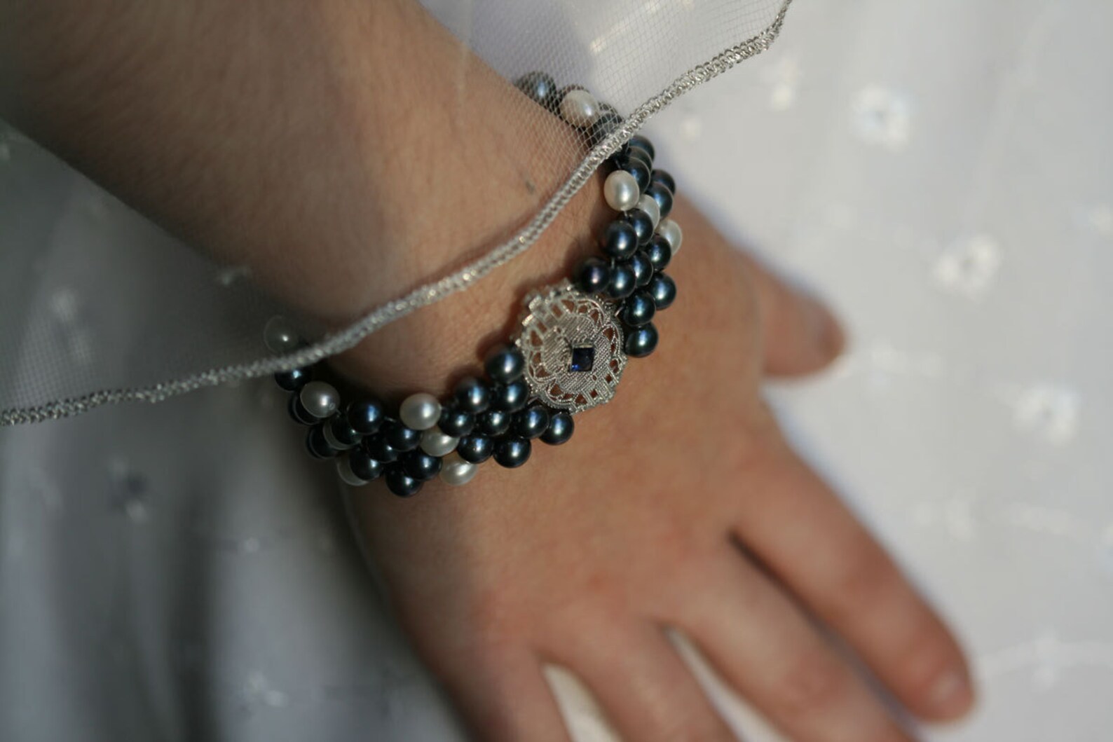 Hand Woven Something Blue Art Deco Filigree Sapphire and Pearl Bracelet ...