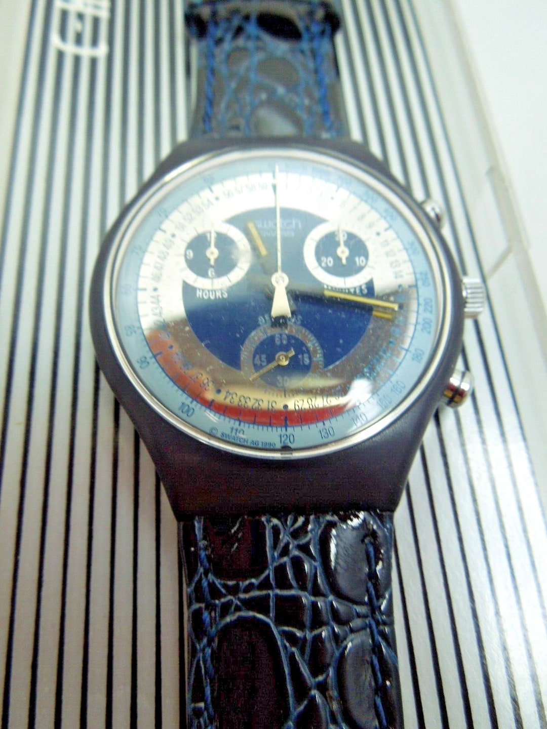 S758 1992 Swatch Watch Silver Star Chrono Chronograph Leather SCN102 ...