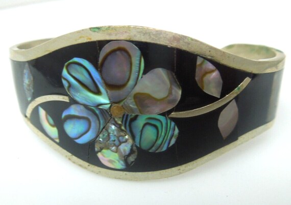 s335 Vintage Silver Mexico Alpaca Flower Inlay Cuff … - Gem
