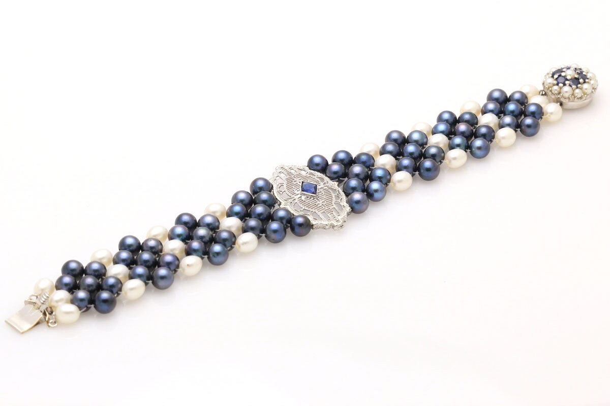 Hand Woven Something Blue Art Deco Filigree Sapphire and Pearl Bracelet ...