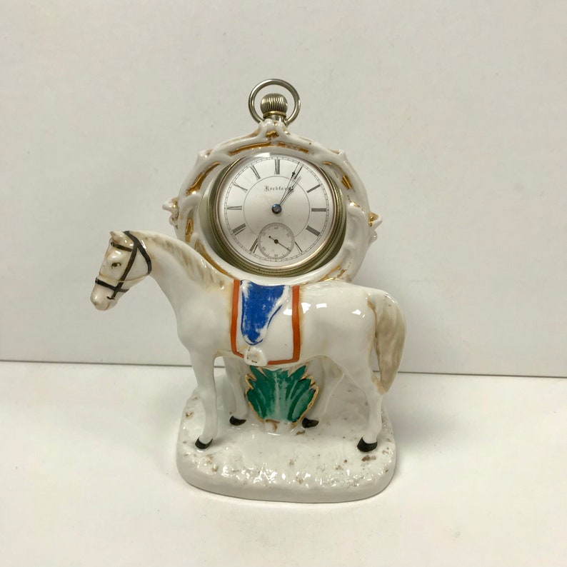 F281 Vintage Ceramic Pocket Watch Holder Stand Case Collectible Horse ...