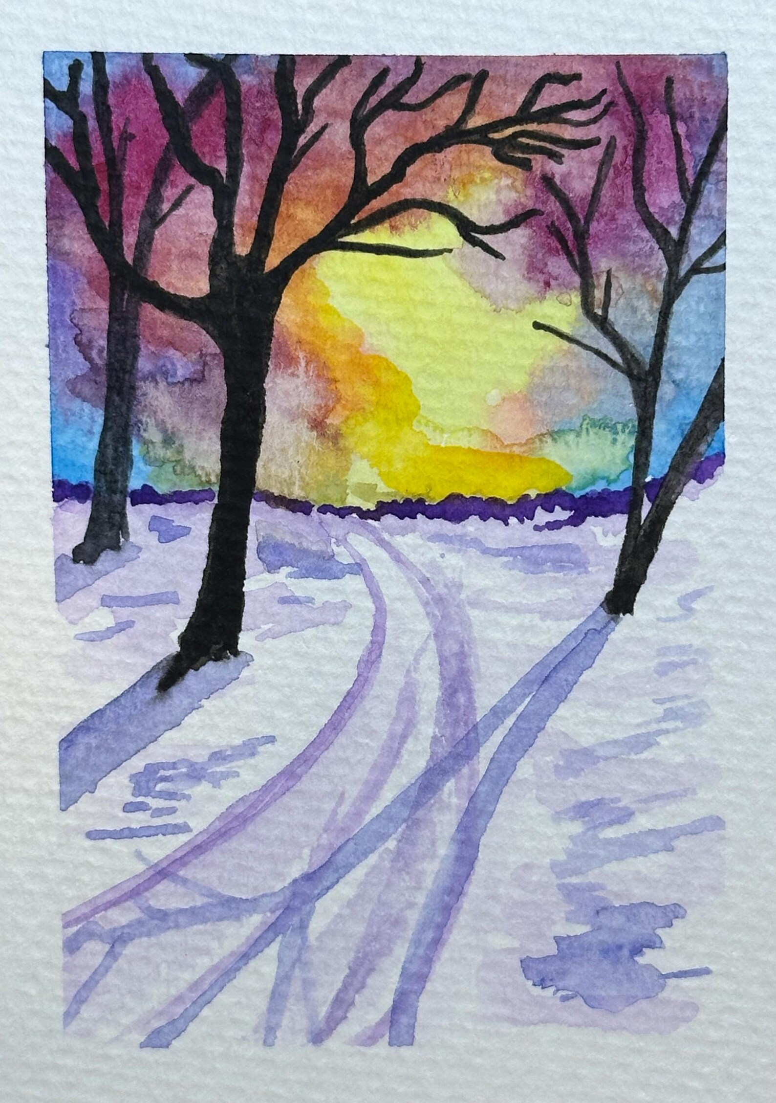 ACEO Original Watercolor Painting, Winter Sunset Scene, One of A Kind ...