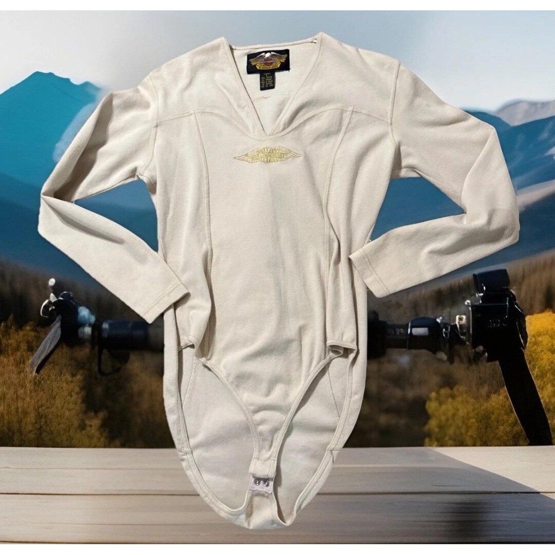 VTG Harley-davidson Women's Bodysuit L Beige V-neck L Sleeve Gold Wing ...