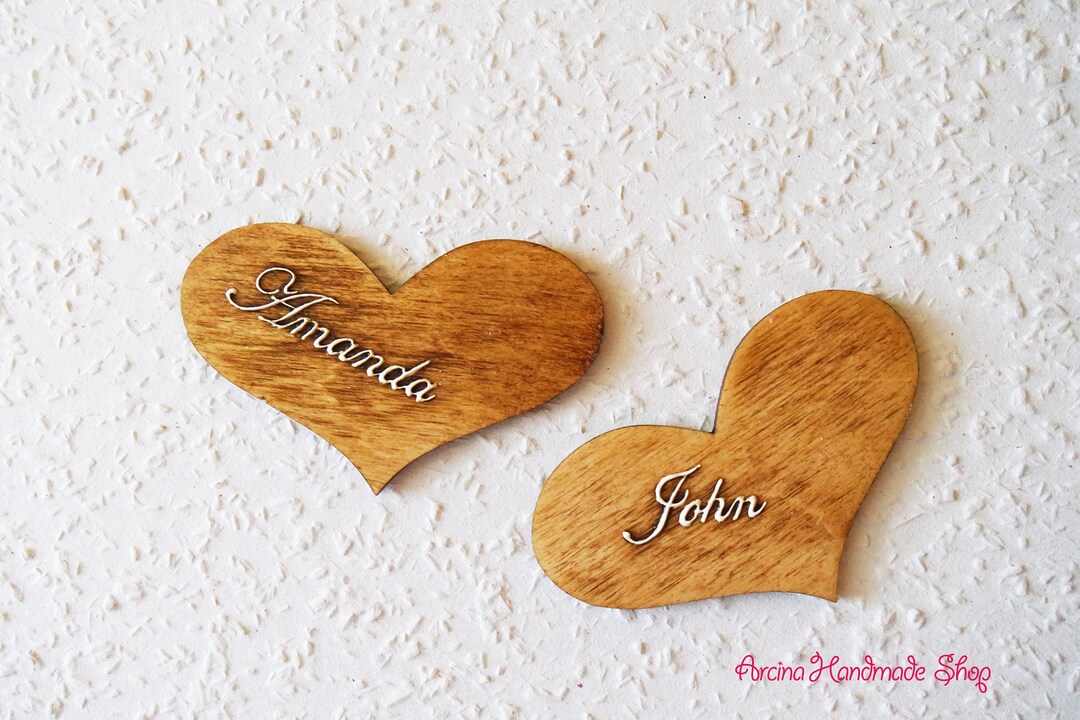 Rustic Wood Heart Wedding Name Tags: Personalized Place Cards - Etsy
