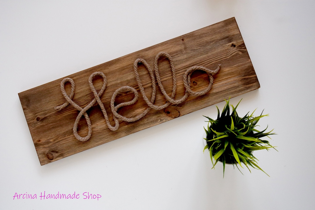 Wood & Rope Hello Sign, Hello Wall Decor, Farmhouse Wood Board Sign ...