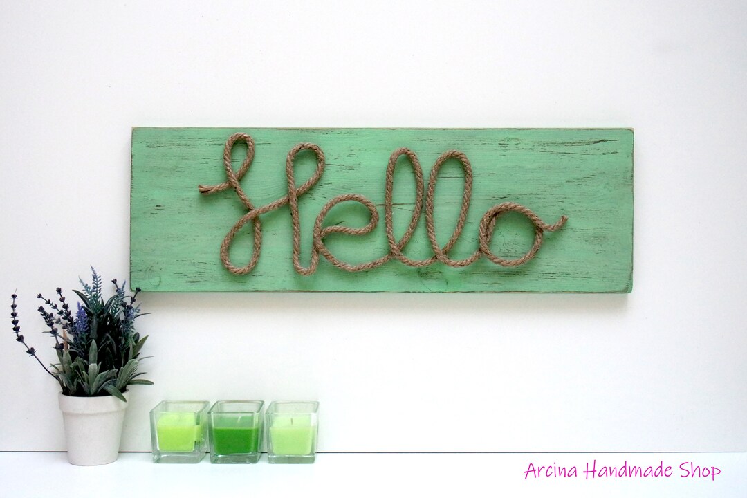 Hello Rope Sign: Farmhouse Stained Wood Wall Decor - Etsy