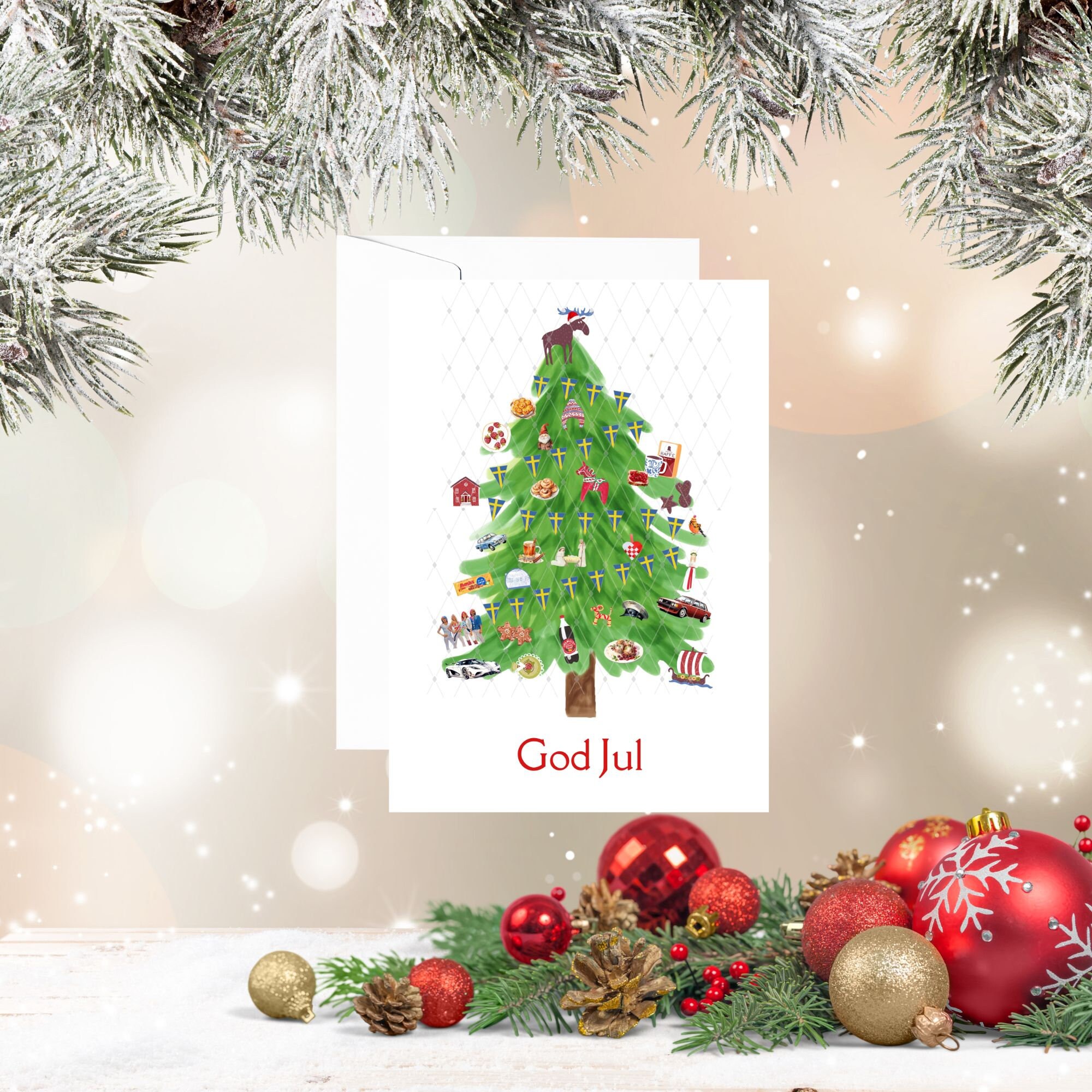 Whimsical Swedish Christmas Card: God Jul, ABBA, Volvo (set of 2) - Etsy