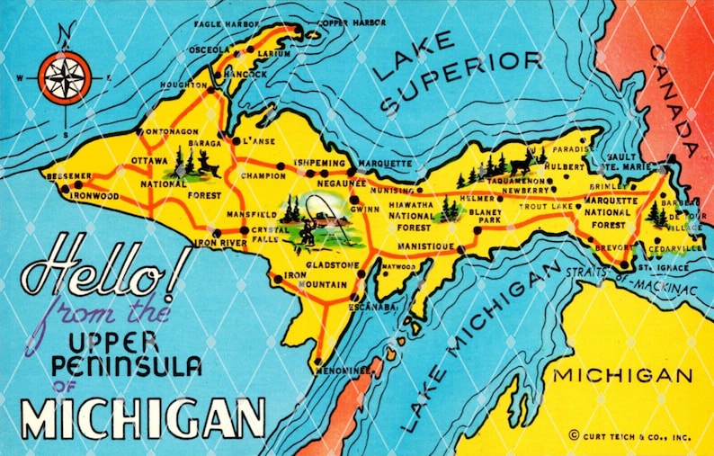 Vintage Upper Peninsula Michigan Map Postcard (digital Download) - Etsy
