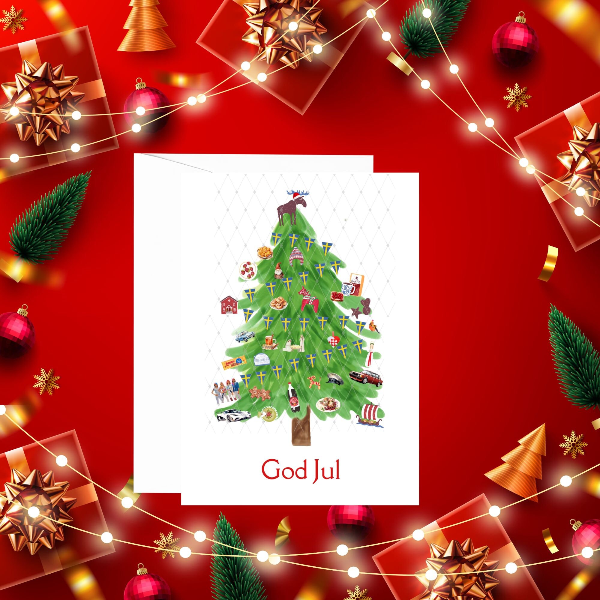 Whimsical Swedish Christmas Card: God Jul, ABBA, Volvo (set of 2) - Etsy