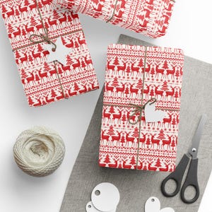 Norwegian Scandinavian Red Reindeer Design Gift Wrap Paper, Christmas ...