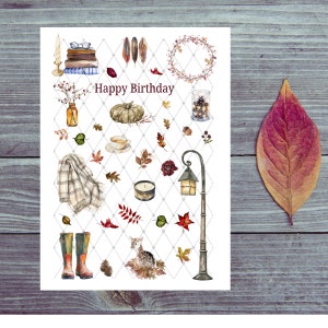 Fall Happy Birthday Card, Iconic Fall Season Greeting Card, Cozy Autumn ...