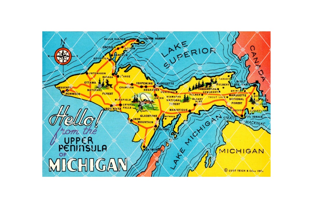 Vintage Upper Peninsula Michigan Map Postcard (digital Download) - Etsy