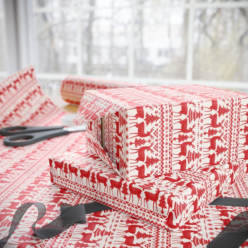 Norwegian Scandinavian Red Reindeer Design Gift Wrap Paper, Christmas ...