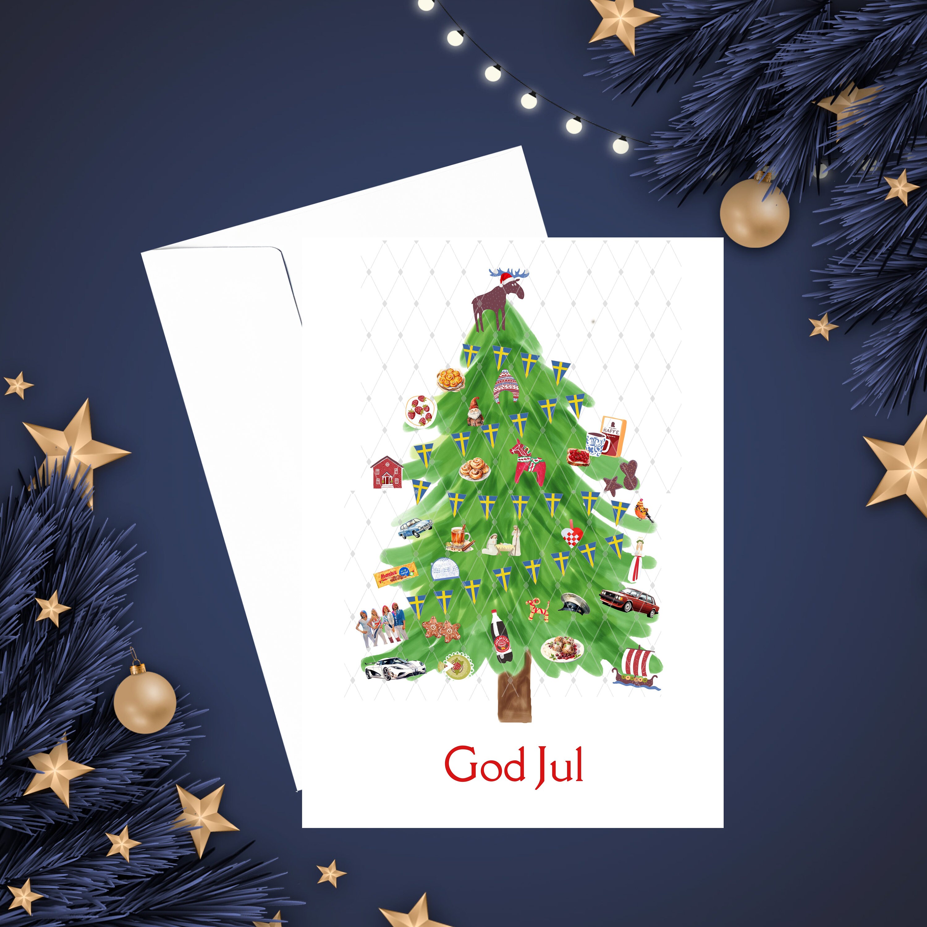 Whimsical Swedish Christmas Card: God Jul, ABBA, Volvo (set of 2) - Etsy
