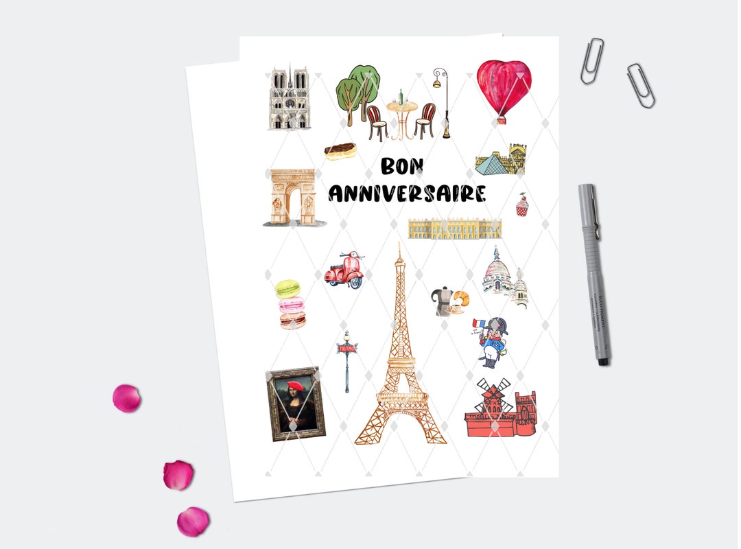French Happy Birthday Card, Bon Anniversaire Card, Whimsical French ...