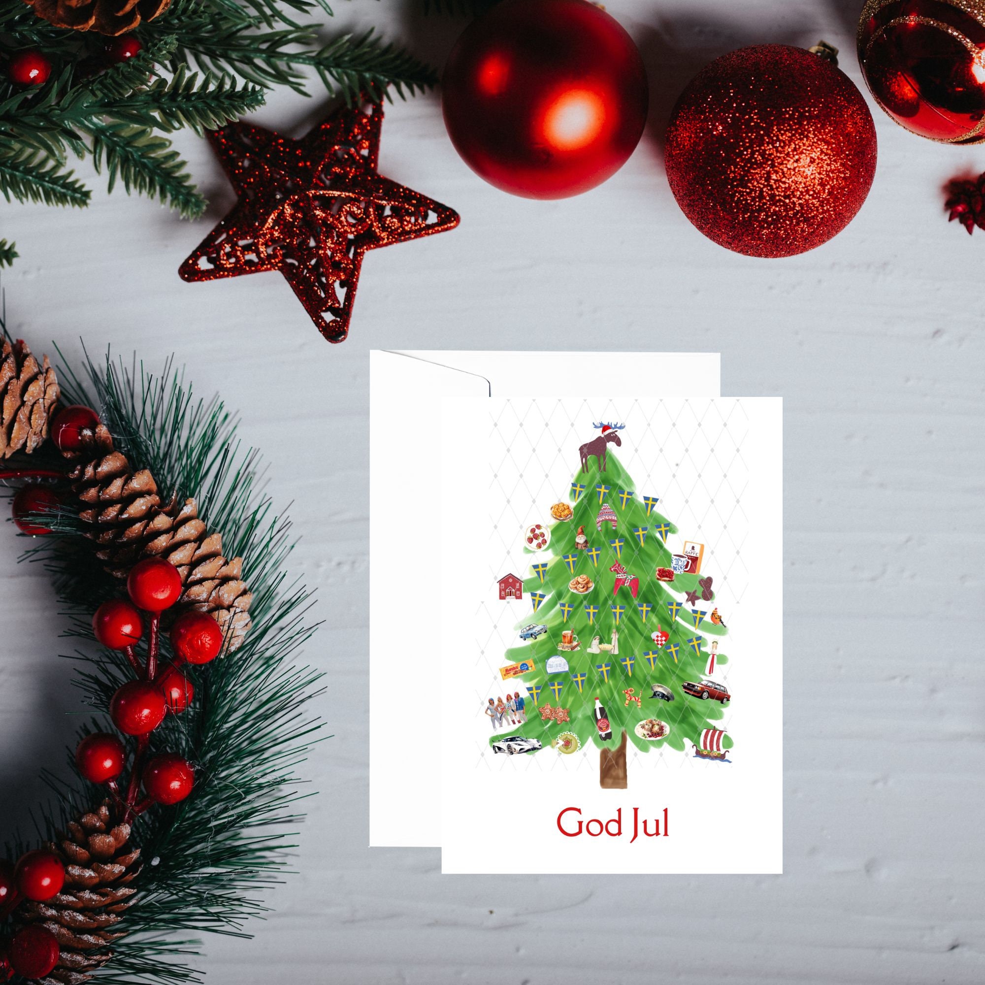 Whimsical Swedish Christmas Card: God Jul, ABBA, Volvo (set of 2) - Etsy