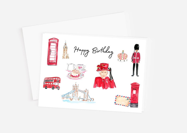 British Happy Birthday Card Featuring Queen Elizabeth and British Icons ...