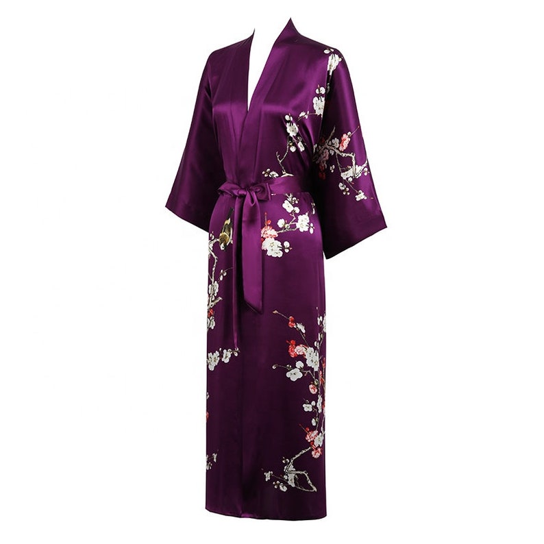 Grace Silk 100% Silk Long Robe Kimono, Plum Blossoms, Purple - Etsy