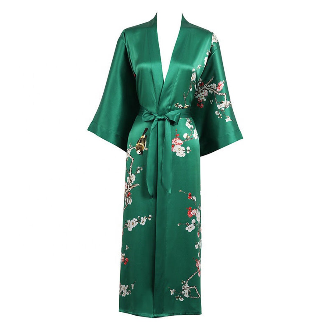 Grace Silk 100% Silk Long Robe Kimono, Plum Blossoms, Green - Etsy