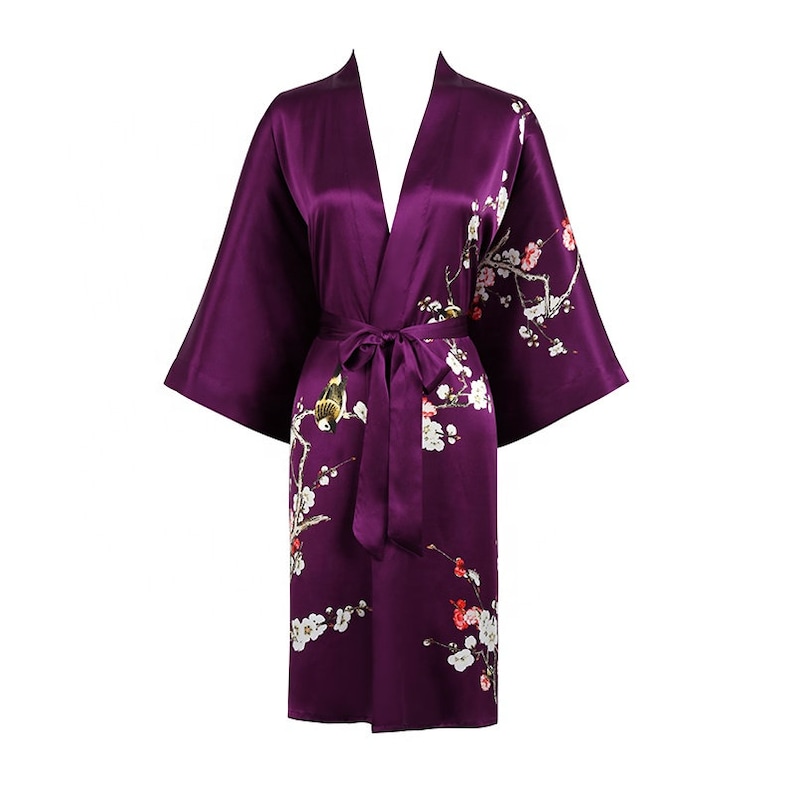Grace Silk 100% Silk Short Robe Kimono, Plum Blossoms, Purple - Etsy
