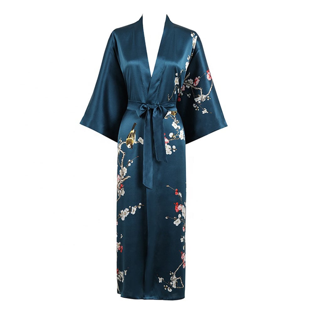 Grace Silk 100% Silk Long Robe Kimono, Plum Blossoms, Bluegreen - Etsy