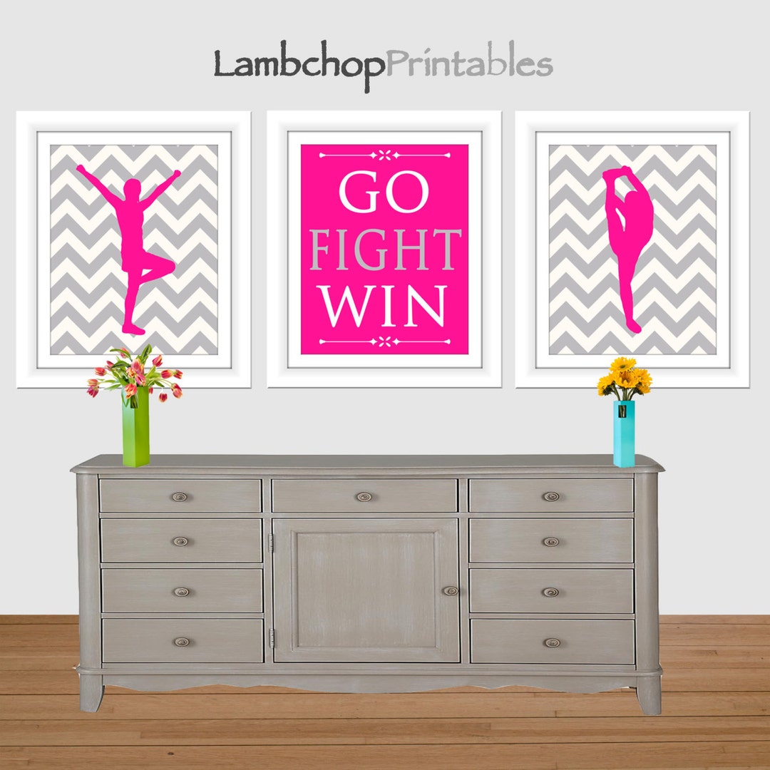 Go Fight Win, Cheerleading Set of 3, Hot Pink, Cheerleader Wall Art ...