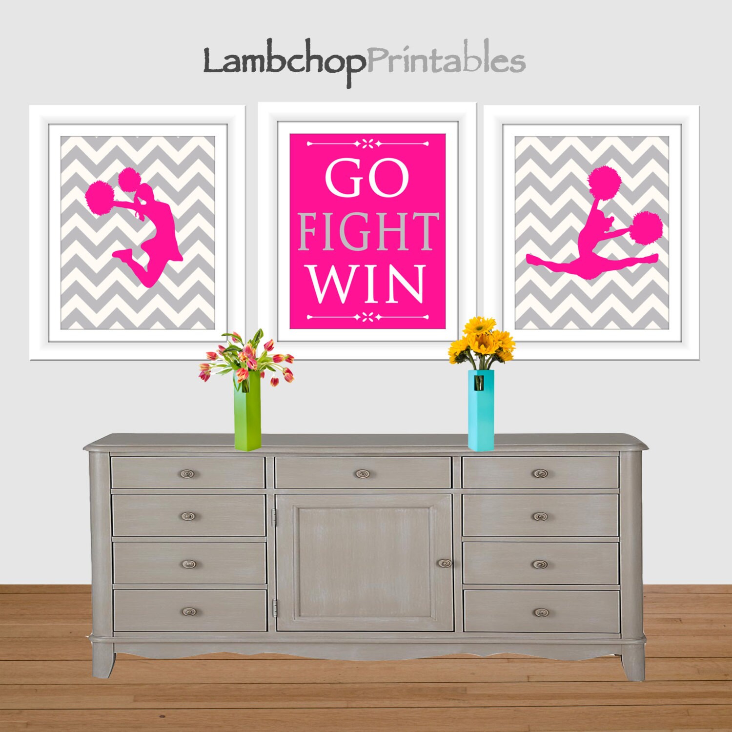 Go Fight Win, Cheerleading Pom Set of 3, Hot Pink, Cheerleader Wall Art ...