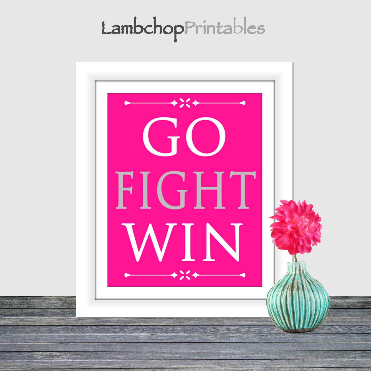 Go Fight Win, Cheerleading Pom Set of 3, Hot Pink, Cheerleader Wall Art ...