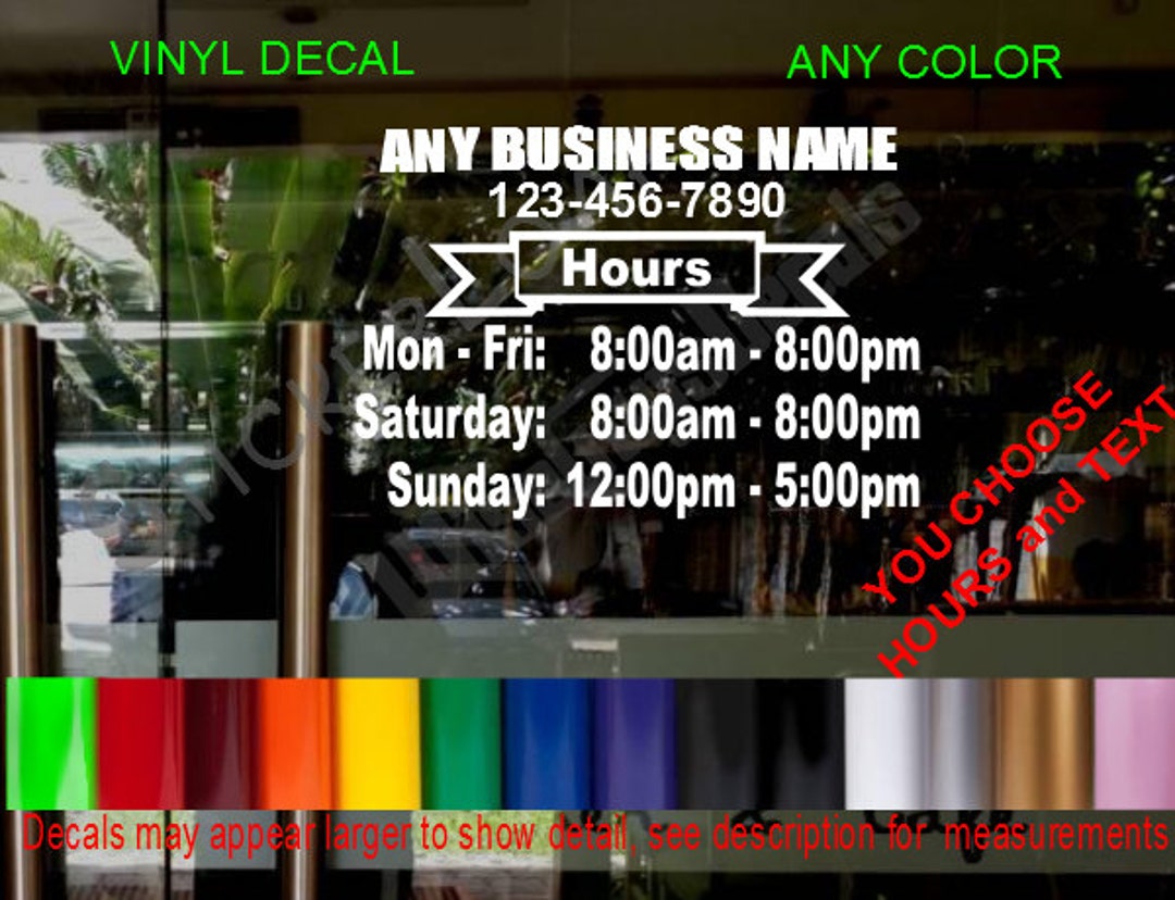STORE HOURS Custom Window Decal Business Shop Storefront Door Sign ...