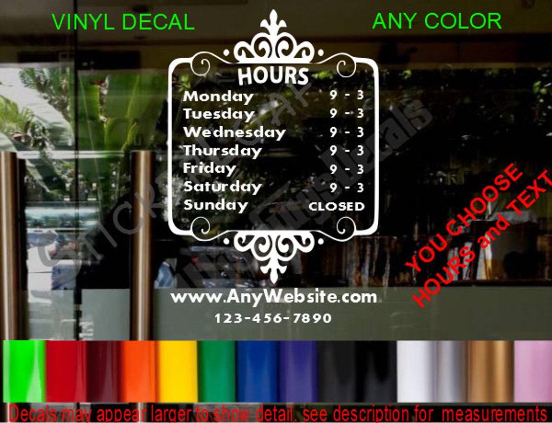 STORE HOURS Custom Window Decal Business Shop Storefront Door Sign ...