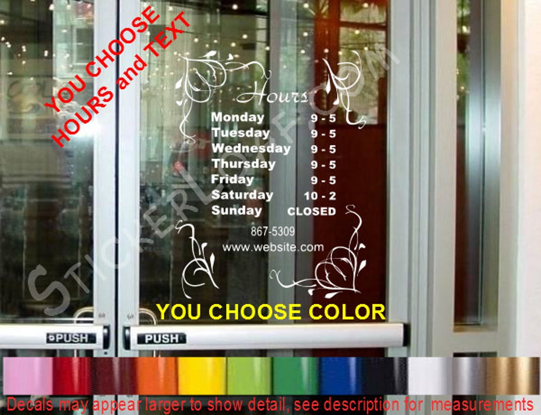 STORE HOURS Custom Window Decal Business Shop Storefront Door Sign ...
